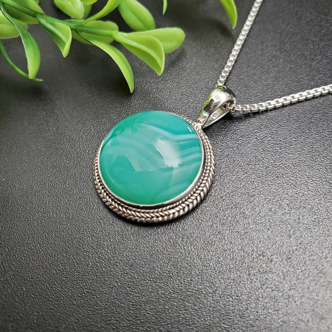 STN #02 | Big 18mm Green Agate Necklace Pendant With Silver Chain ...