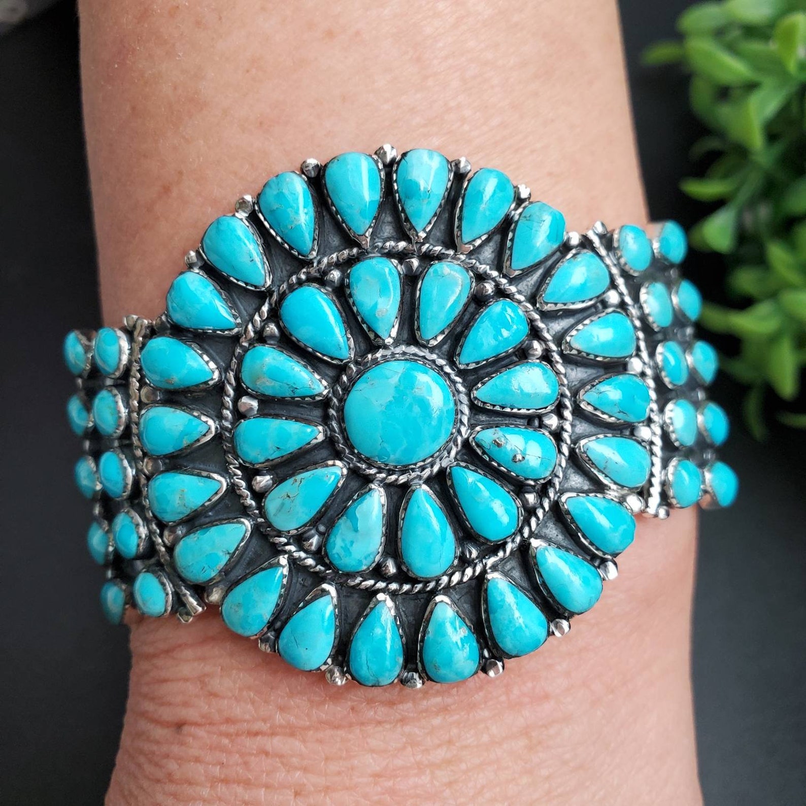 Big Cluster Turquoise Bracelet Cuff Sterling Silver - Etsy