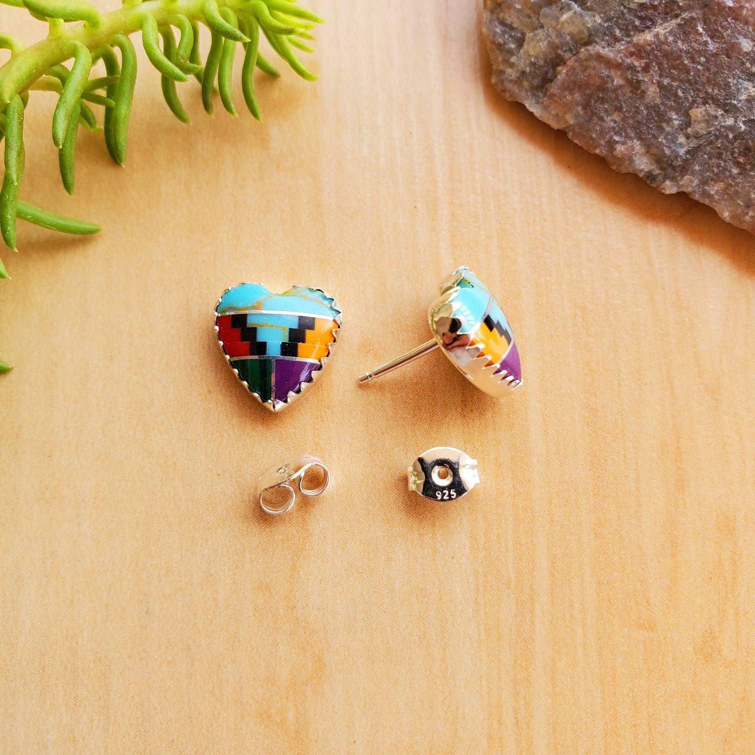 Socute925 10mm Colorful Inlay Heart Studs Southwest Inlay | Etsy