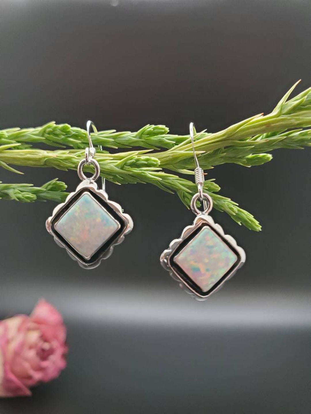 Socute925 Small Shadowbox Concho Earrings | White Opal Dangle Earrings | White Opal Southwestern ...