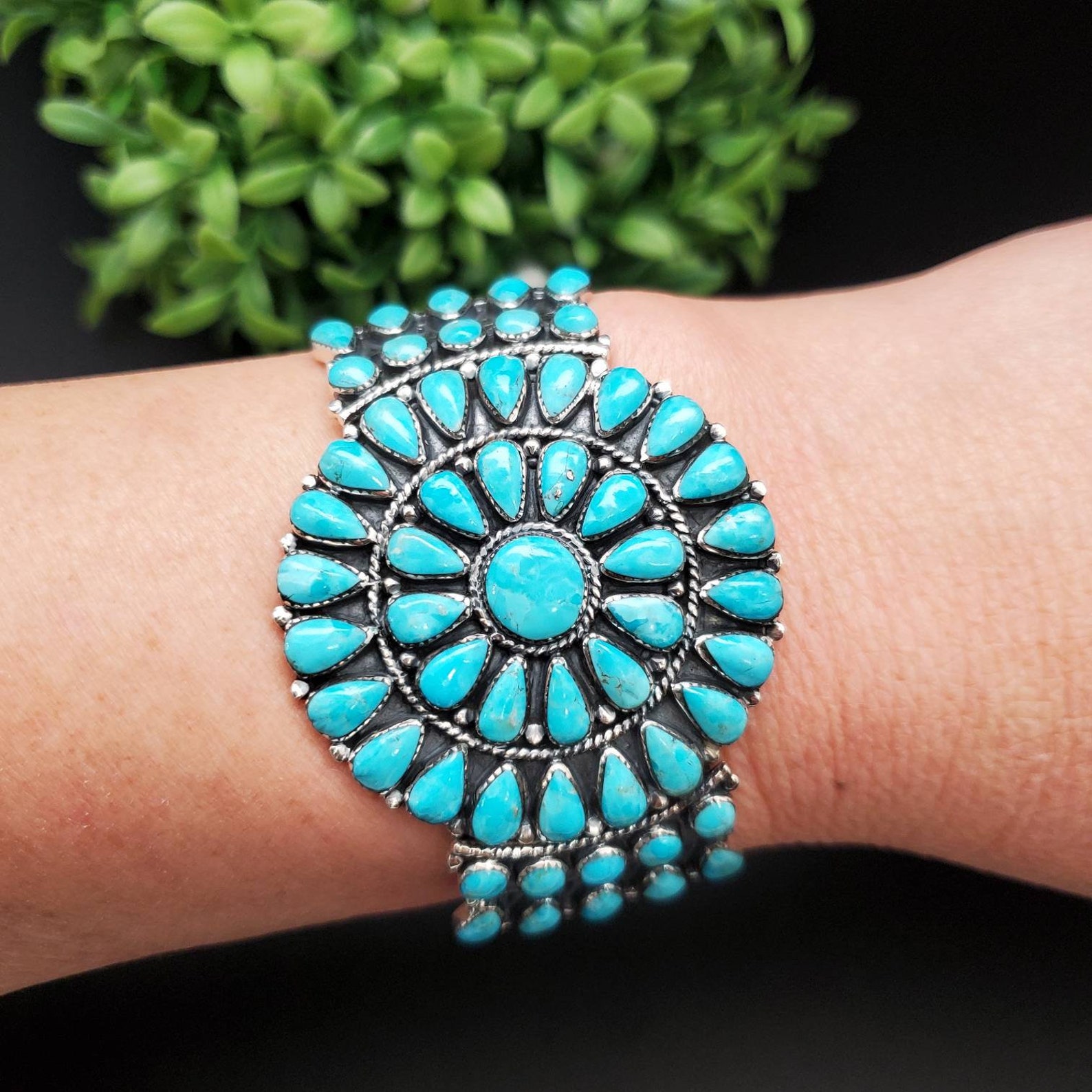 Big Cluster Turquoise Bracelet Cuff Sterling Silver - Etsy