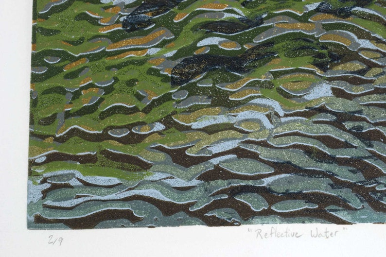 Original Art Landscape Lino Print, Calm Water & Forest Reflections on ...