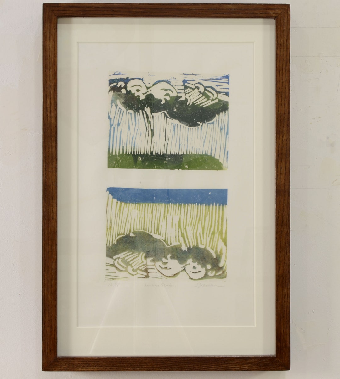Linocut Abstract Landscape, Mountain Fields & Sky, Original Art ...