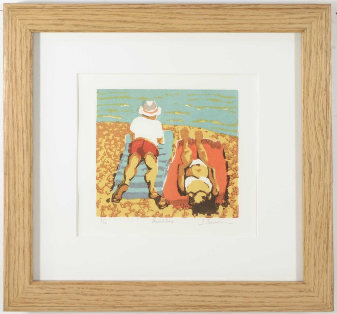 Linocut Beach Art Print. Sunbathers, Original Art Colorful Multi-color ...