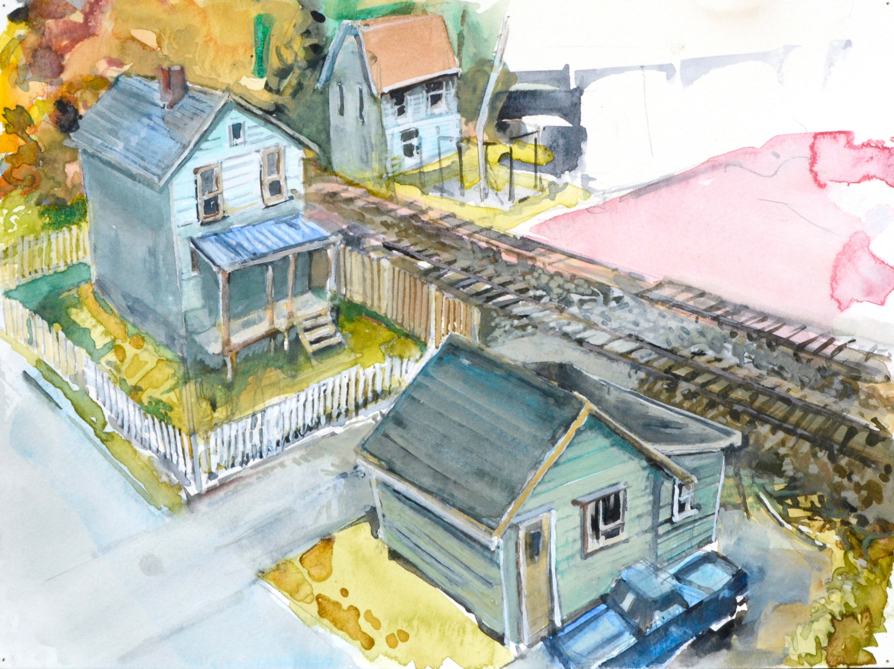 Original Painting, Railroad Small Town Cityscape, Railway Crossing ...