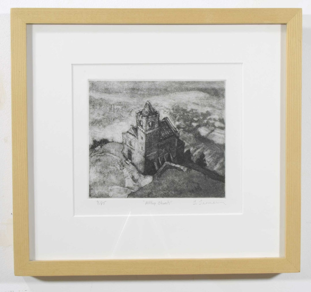Italy Landscape Etching, Hilltop Church & Old Walls, Sicily Artwork ...