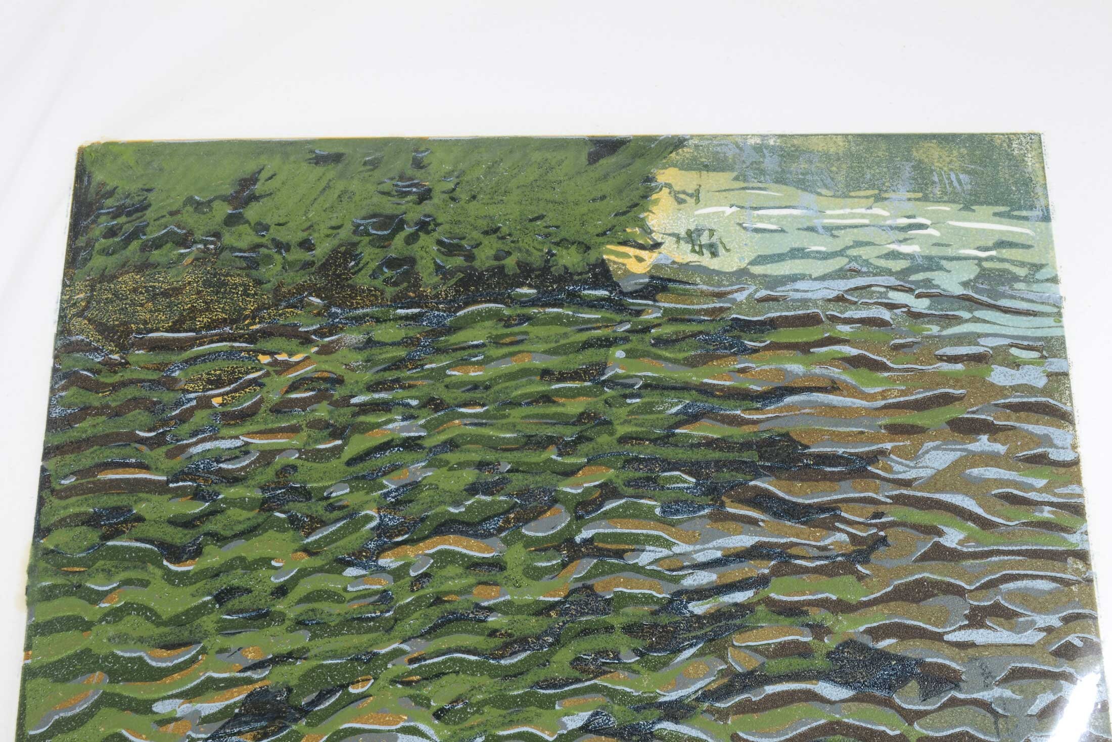 Square Landscape Linocut Print, Tree Reflections on Water, Reduction ...