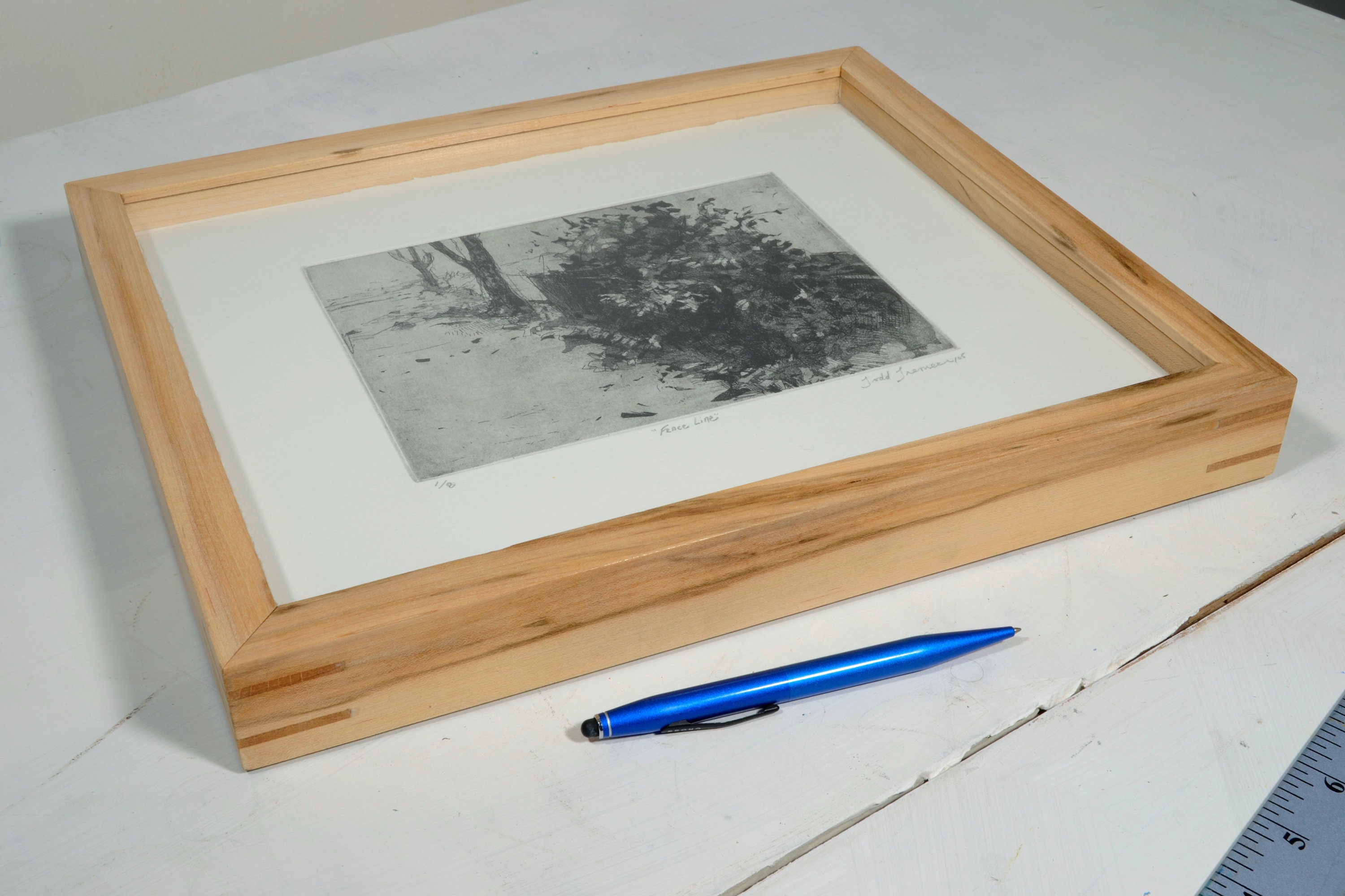 Original Art Etching, Landscape Drawing of Garden Fence & Trees. Framed ...