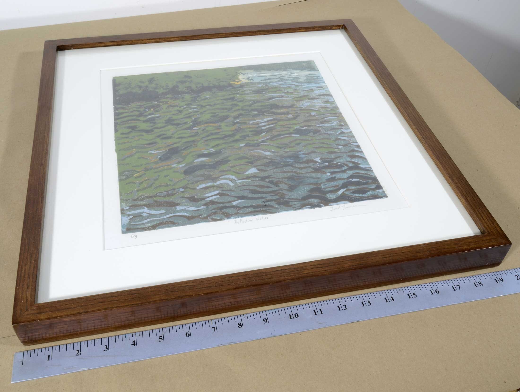 Original Art Landscape Lino Print, Calm Water & Forest Reflections on ...