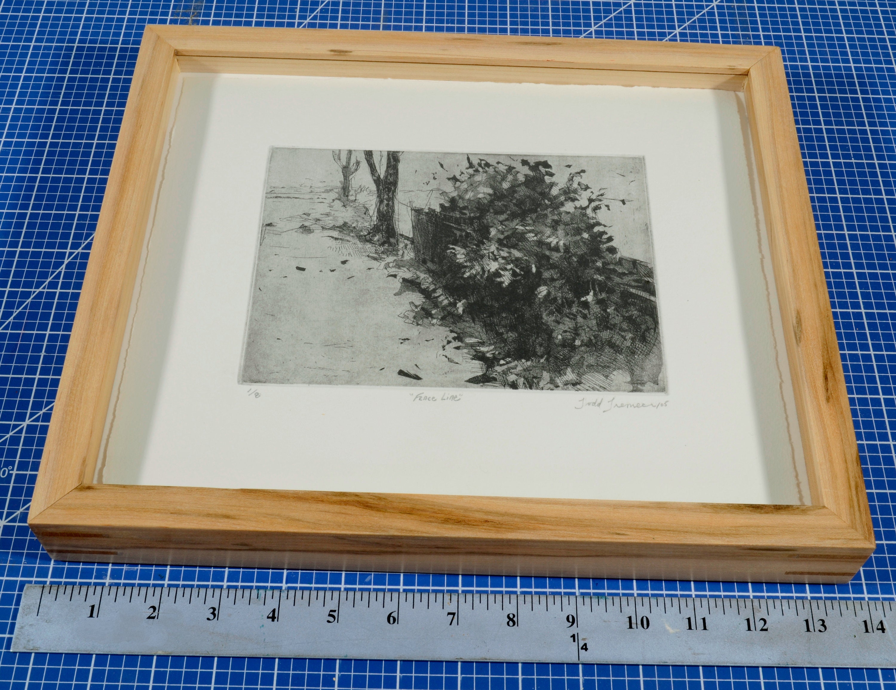 Original Art Etching, Landscape Drawing of Garden Fence & Trees. Framed ...