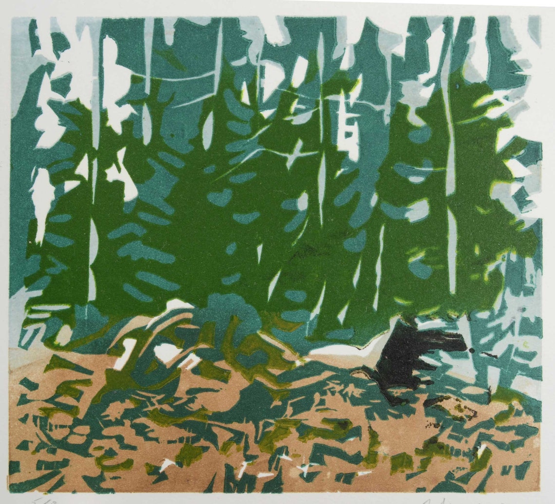 Lino Print, Forest Landscape Tree Art, Small Original Art Nature Print ...