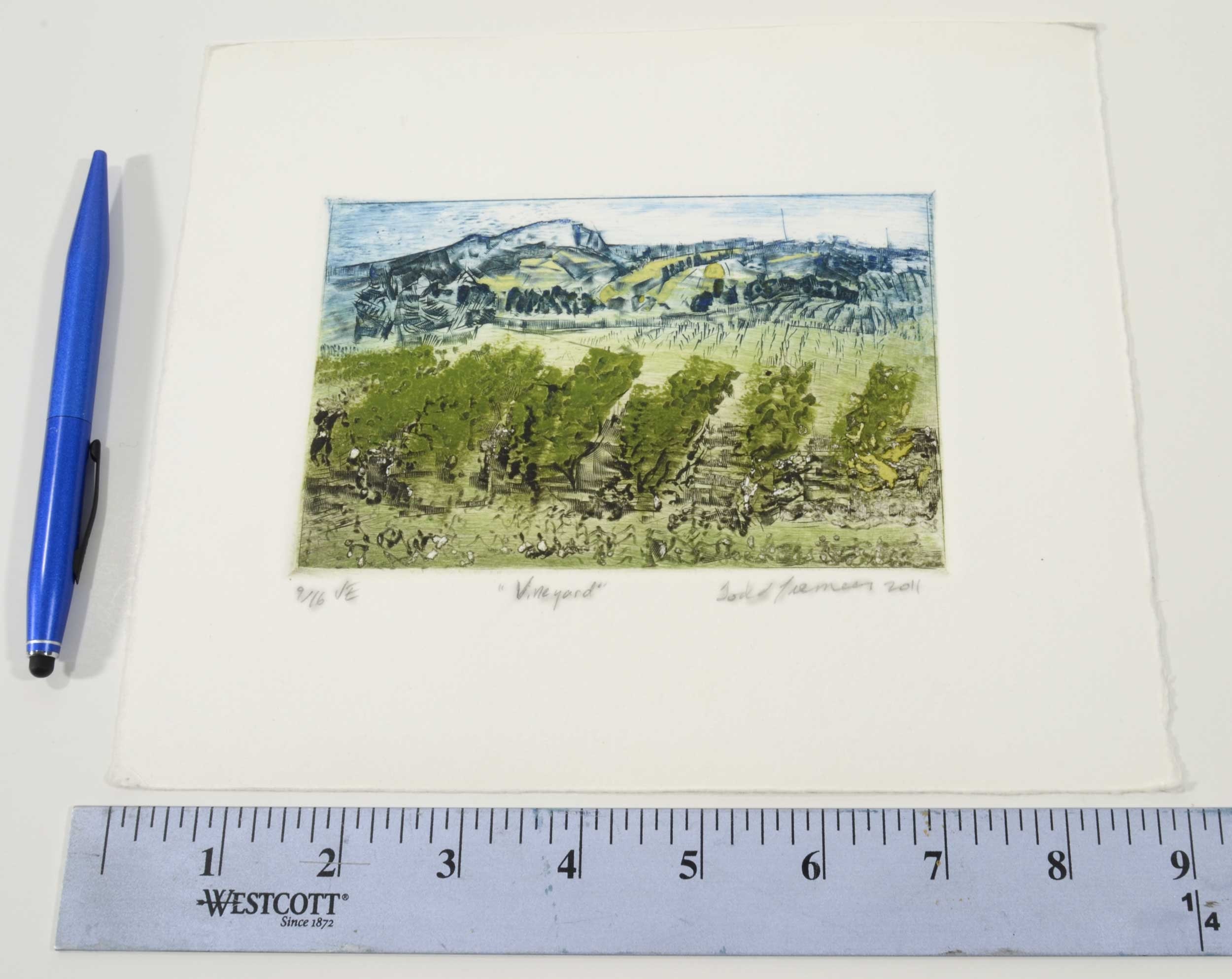 Original Art Drypoint Etching. French Landscape Vinyard, Winery Grape ...