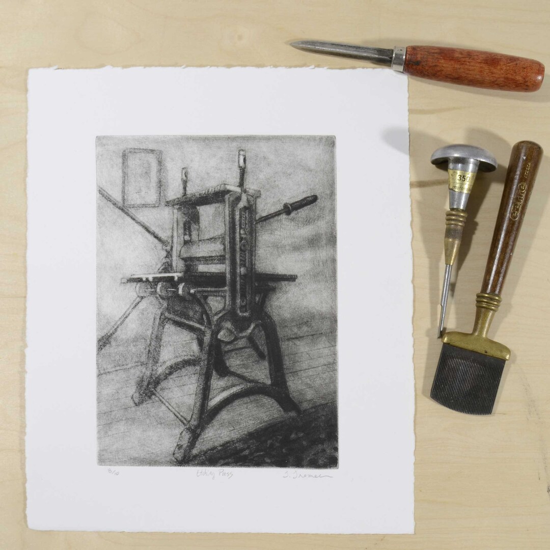 Mezzotint Drypoint Print of Antique Intaglio Etching Press. Original ...