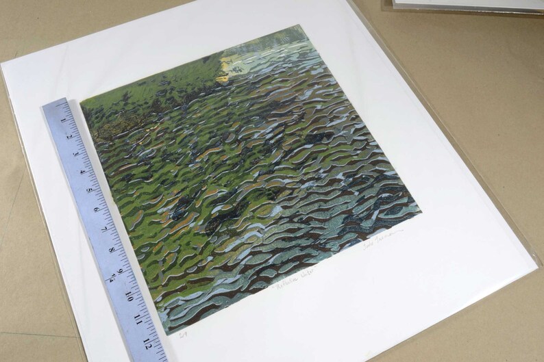 Original Art Landscape Lino Print, Calm Water & Forest Reflections on ...