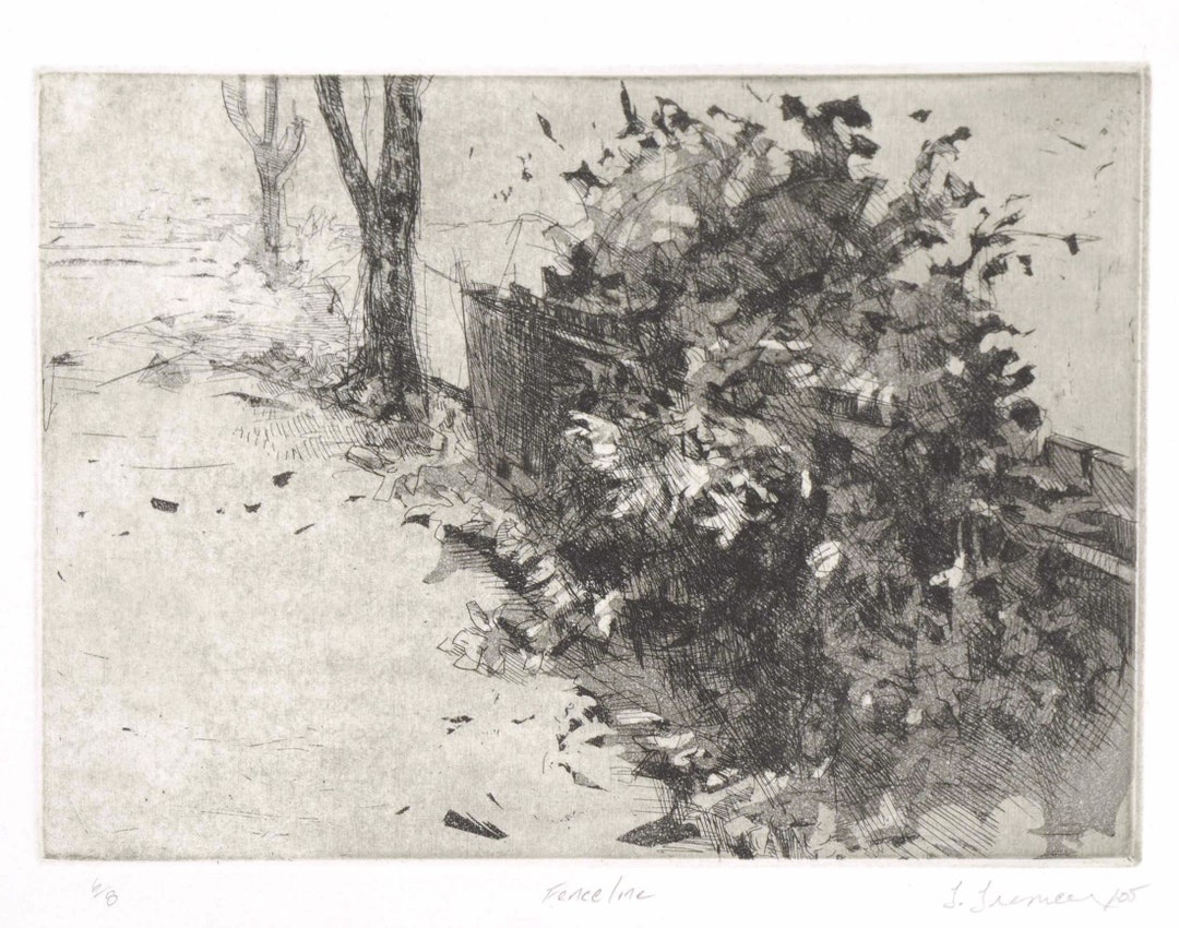 Original Etching Aquatint, Farm Fenceline & Leafy Trees. Original Art ...