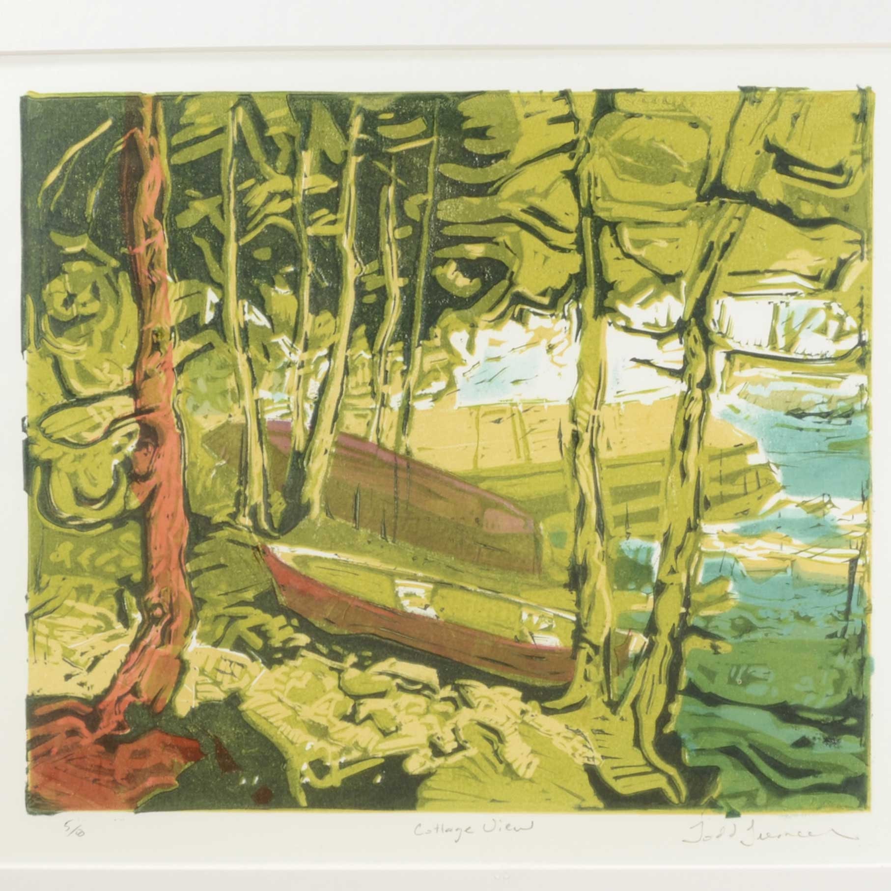 Original Art Linocut, Summer Cottage Boat Dock, Fishing Boats on Lake ...