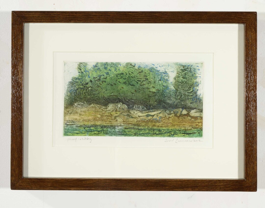 Intaglio Print, Framed Landscape Color Etching Aquatint of Forest Trees ...