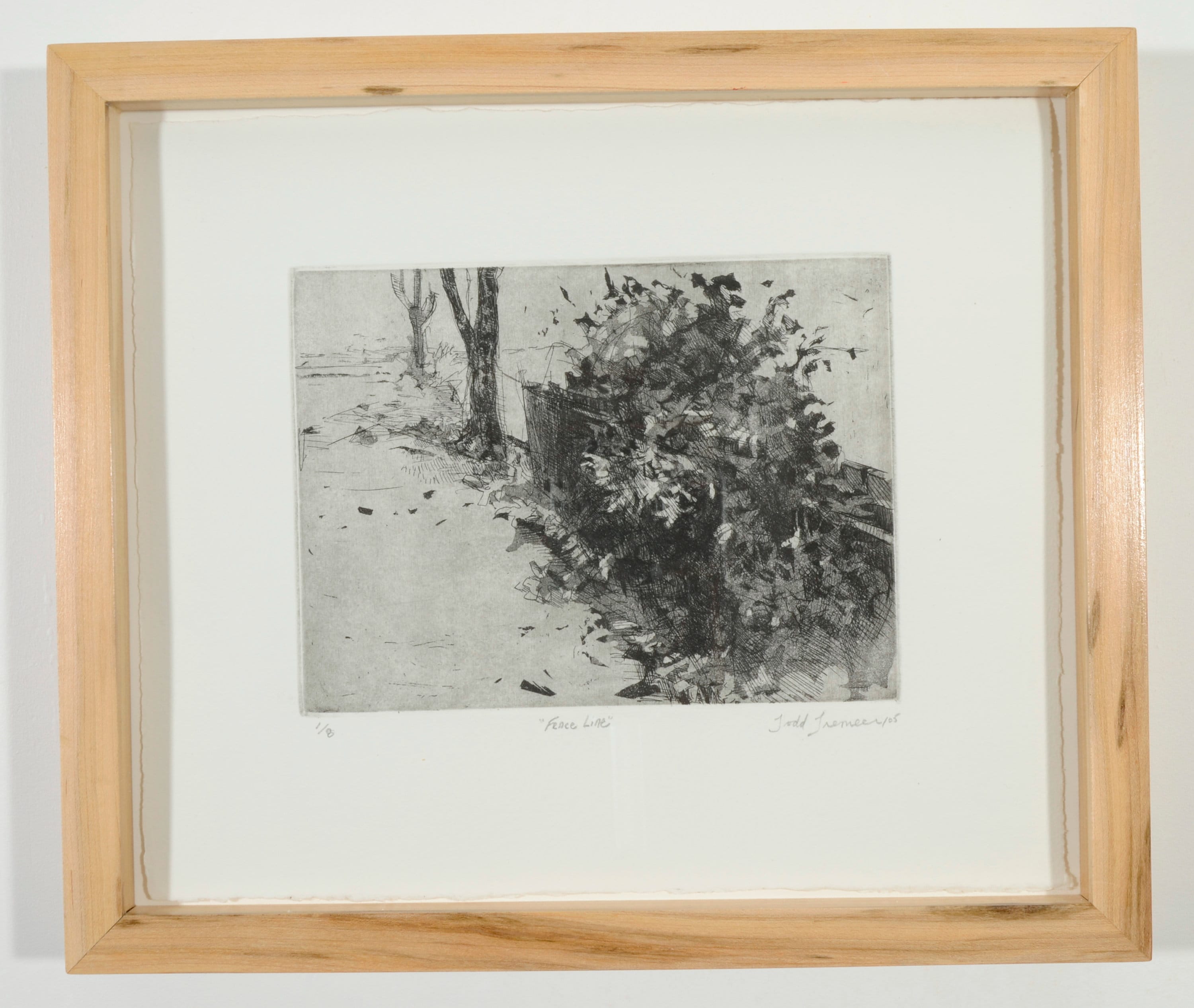 Original Art Etching, Landscape Drawing of Garden Fence & Trees. Framed ...