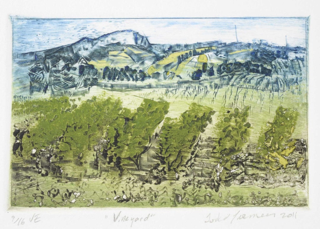Original Art Drypoint Etching. French Landscape Vinyard, Winery Grape ...