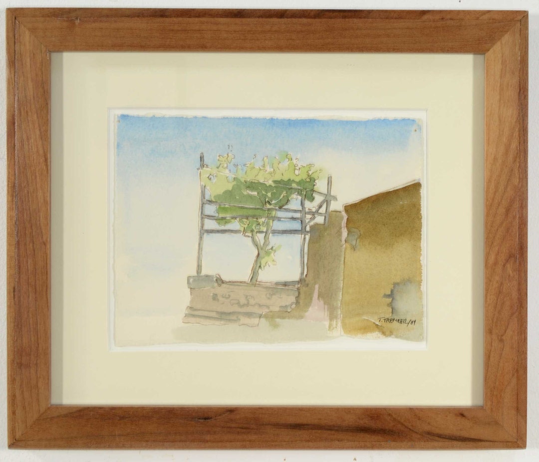 Original Art Italy Painting, Italian House Rooftop Trellis Tree ...