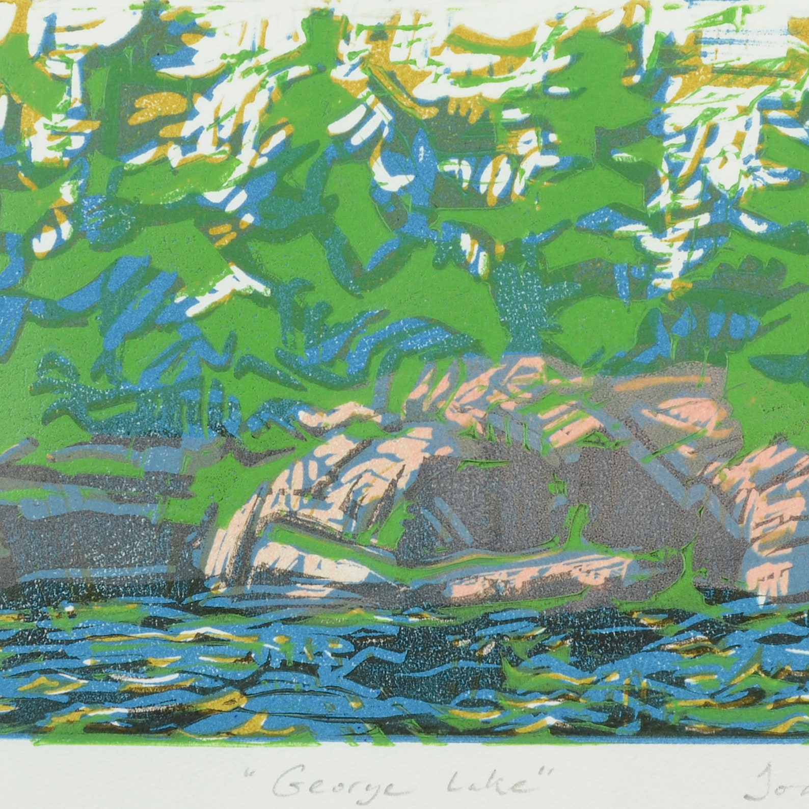 Original Art Canadian Landscape Linocut. Forest Shoreline Tree Cliffs ...