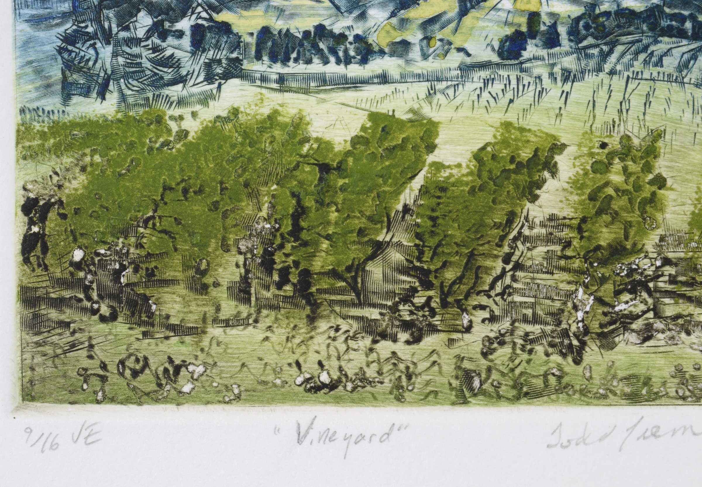 Original Art Drypoint Etching. French Landscape Vinyard, Winery Grape ...