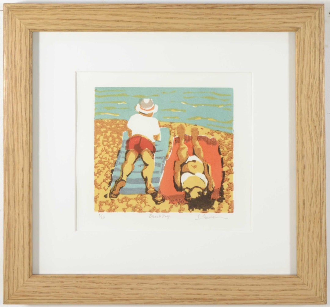 Beach Art, Sunbathers Linocut, Summer Art Original Artist Print, Color ...