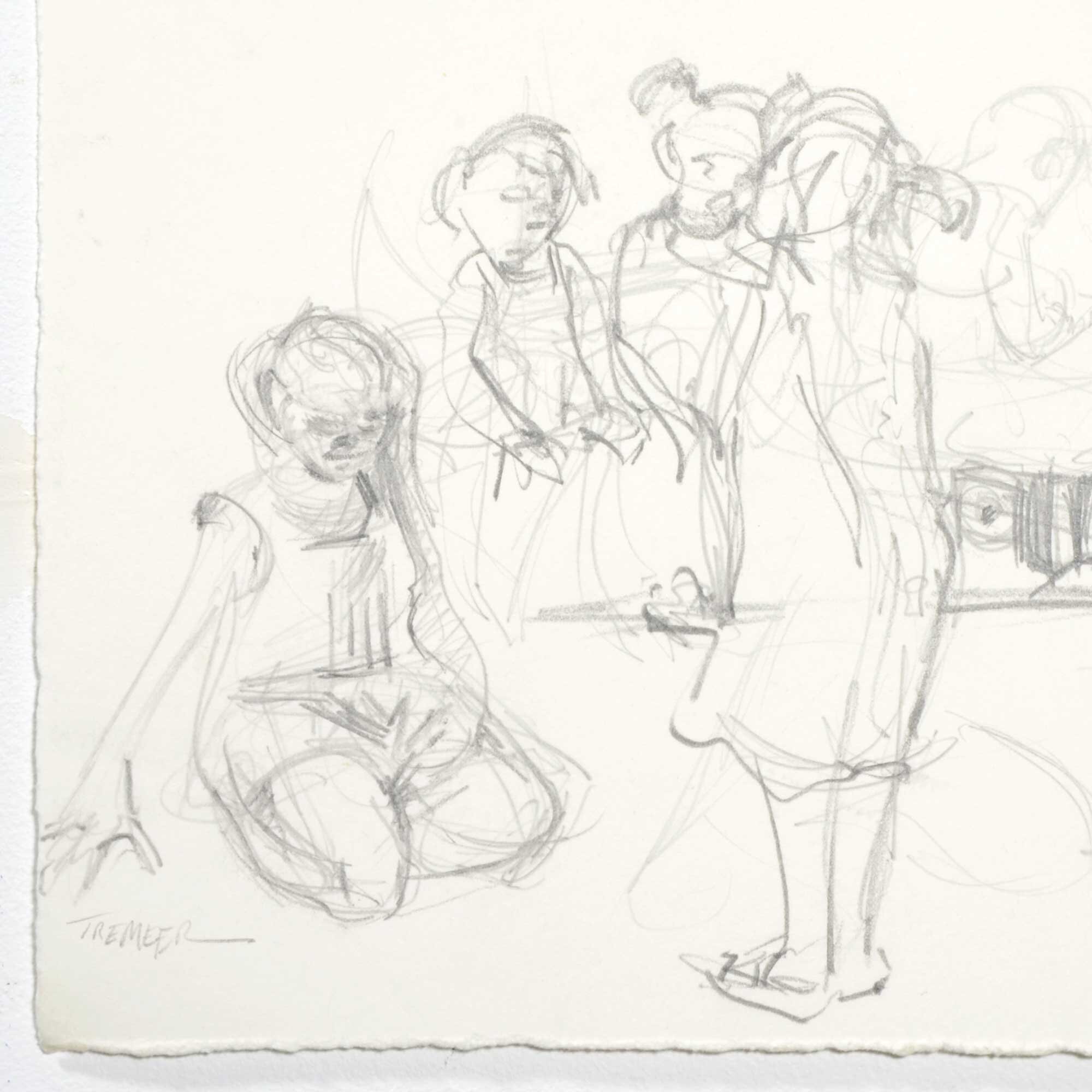 Original Art Pencil Drawing, Young Girls Playing. Rapid Gesture Sketch ...