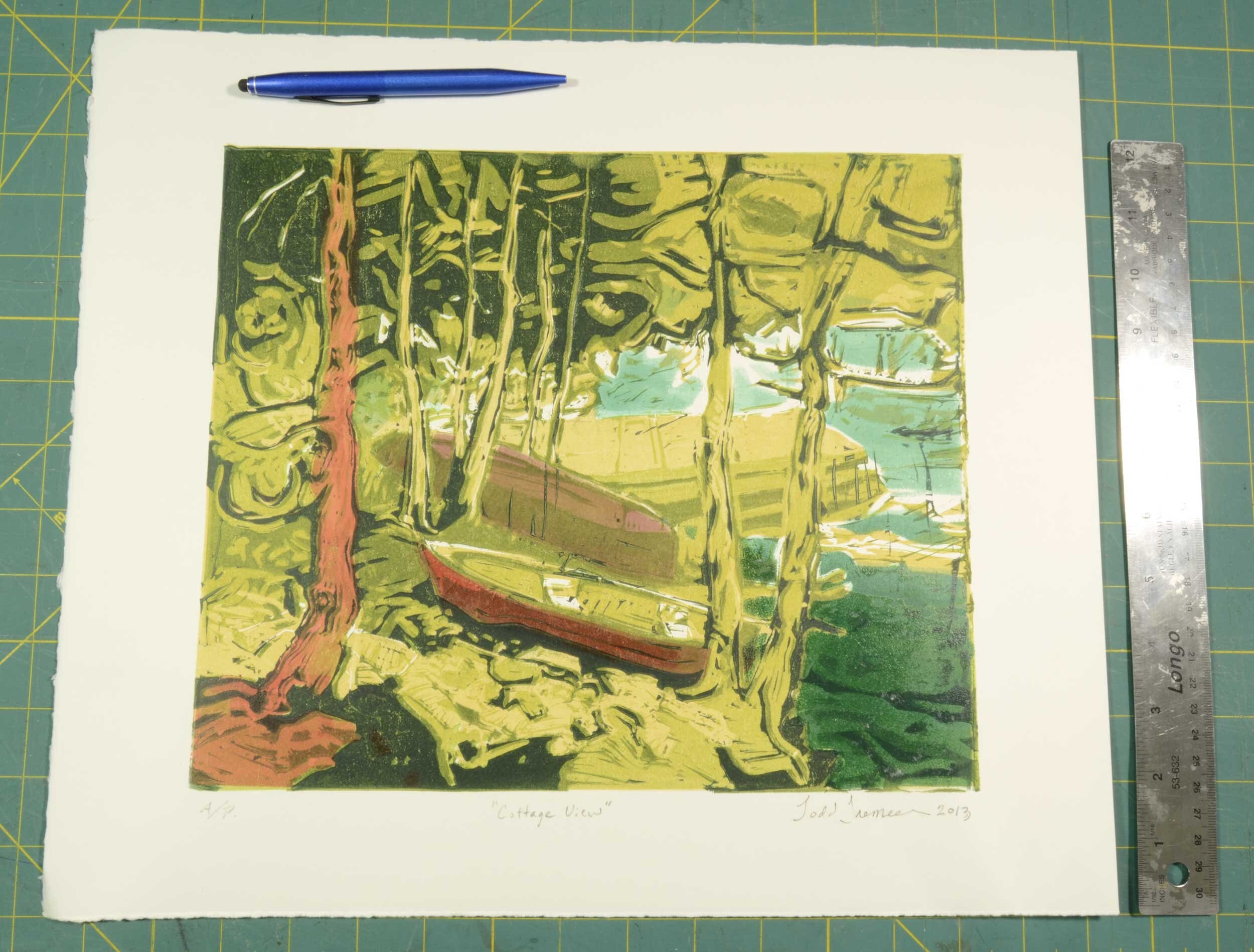 Linocut Original Art Print, Cottage Lake With Red Canoe, Boats & Trees ...