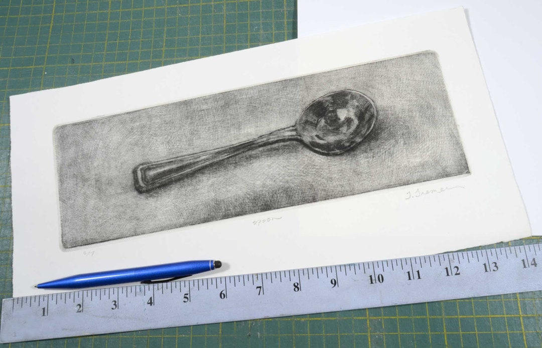Mezzotint Drypoint Etching, Kitchen Spoon With Artist Self Portrait ...