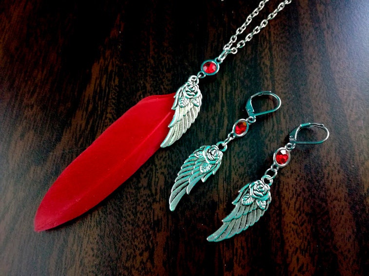 Hawks Inspired Feather Necklace Hawks Earrings Red Feather Necklace Red ...