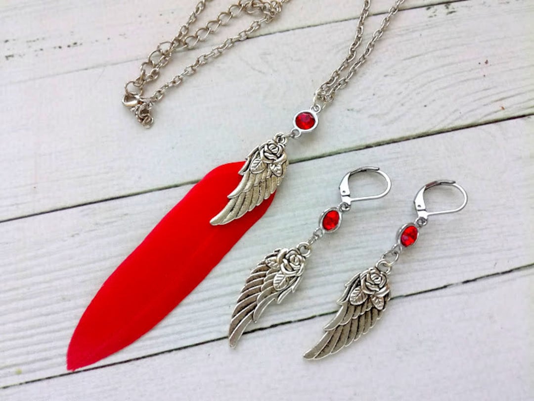 Hawks Inspired Feather Necklace Hawks Earrings Red Feather Necklace Red ...