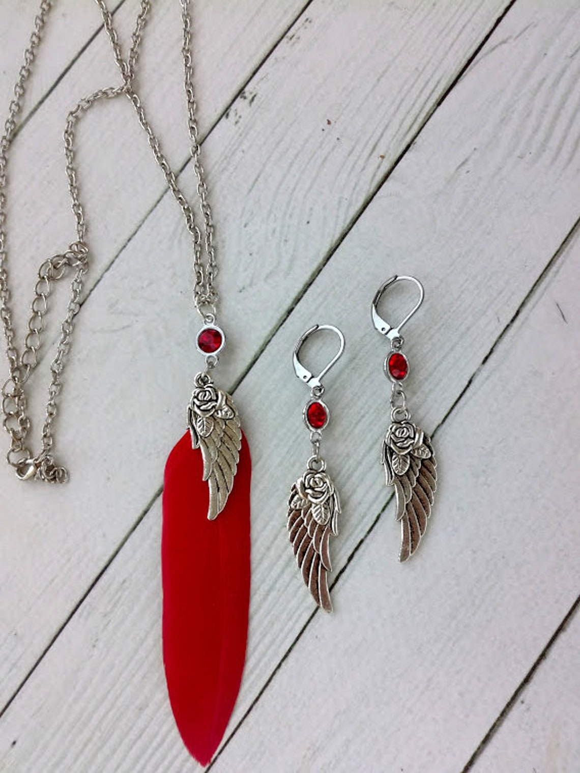 Hawks Inspired Feather Necklace Hawks Earrings Red Feather Necklace Red ...