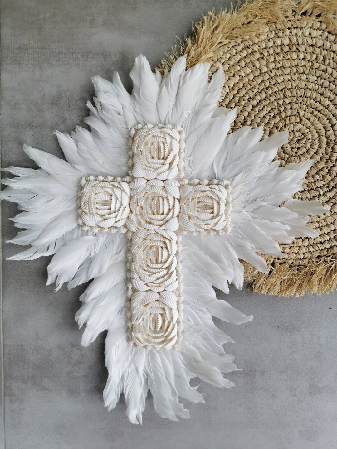 Indonesian Shell Cross With Feathers - 45*35 Cm - Etsy