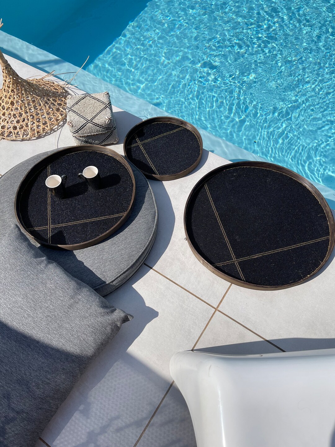 Balinese Tray in Fully Beaded Bamboo, Black and Gold Color - Black and ...
