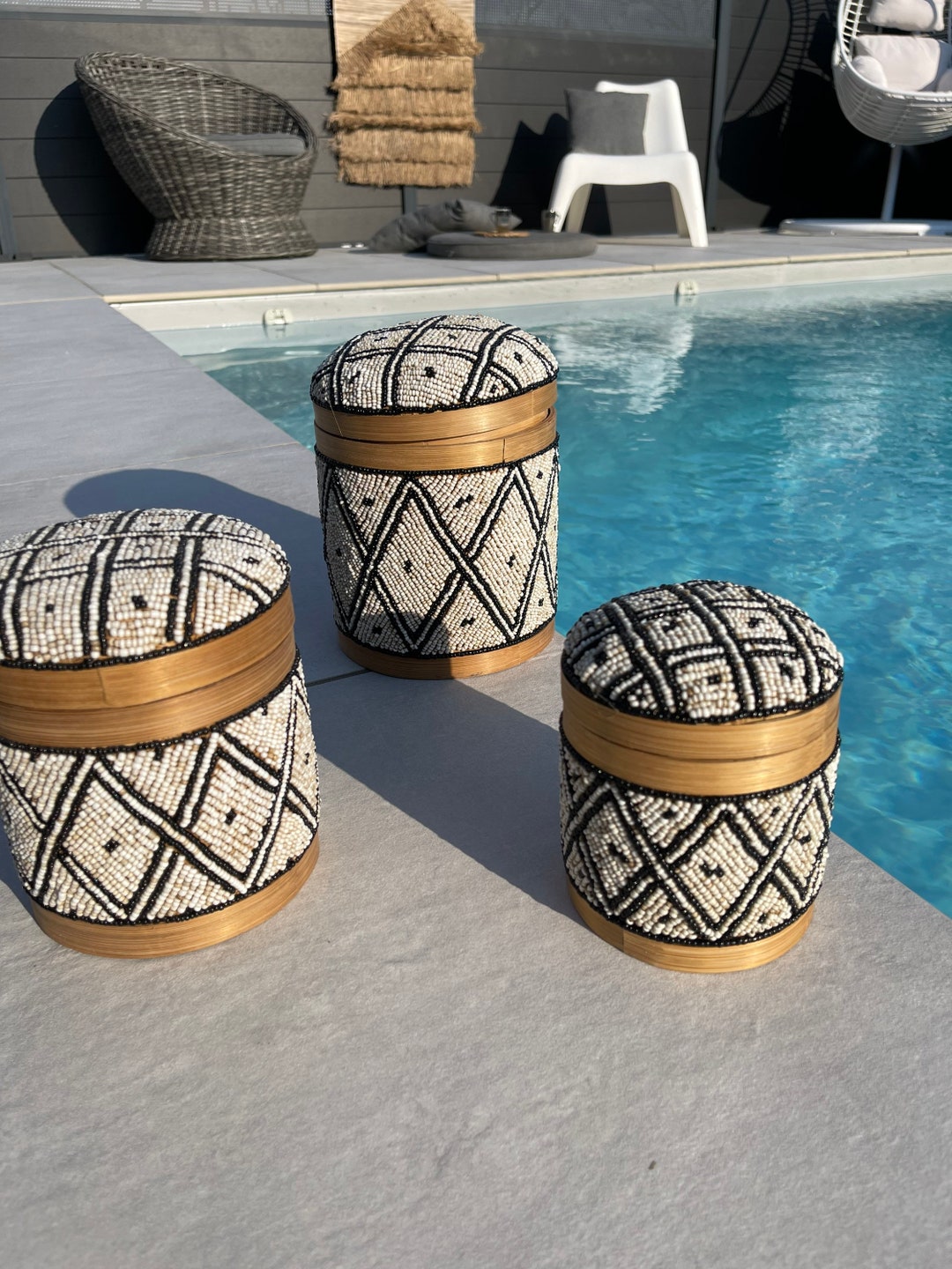 Balinese Bamboo Offering Box Entirely Beaded 3 Sizes Black, White and ...