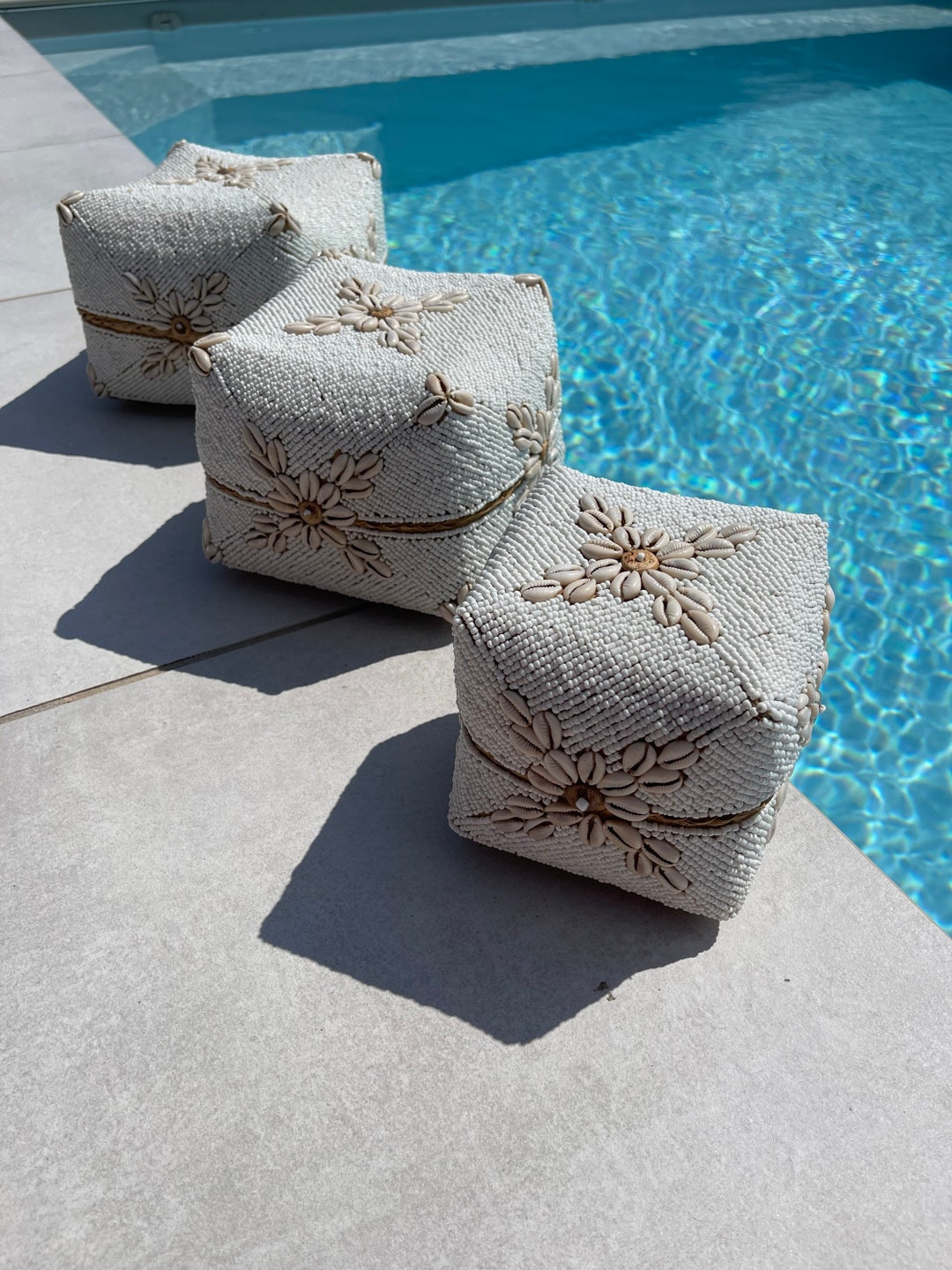 Balinese Bamboo Offering Box Entirely Beaded 3 Dimensions White and ...