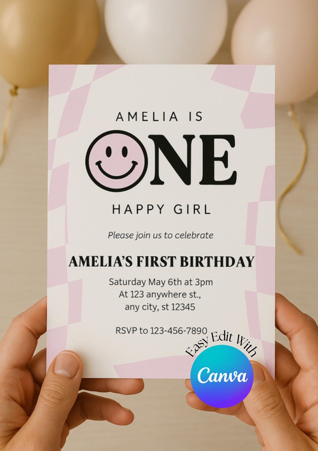 Editable First Birthday Invitation, Little Girl, One Happy Girl ...
