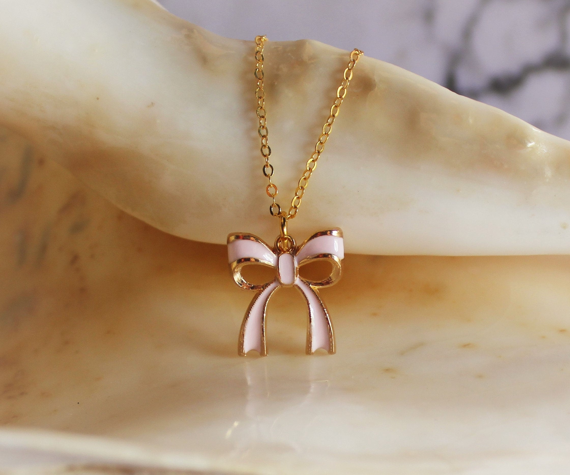 Gold Enamel Fancy Pastel Pink Bow Necklace | Etsy