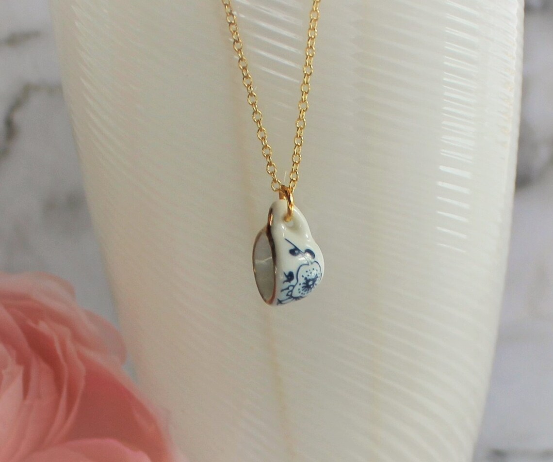 Blue Floral Porcelain Teacup Gold Necklace - Etsy