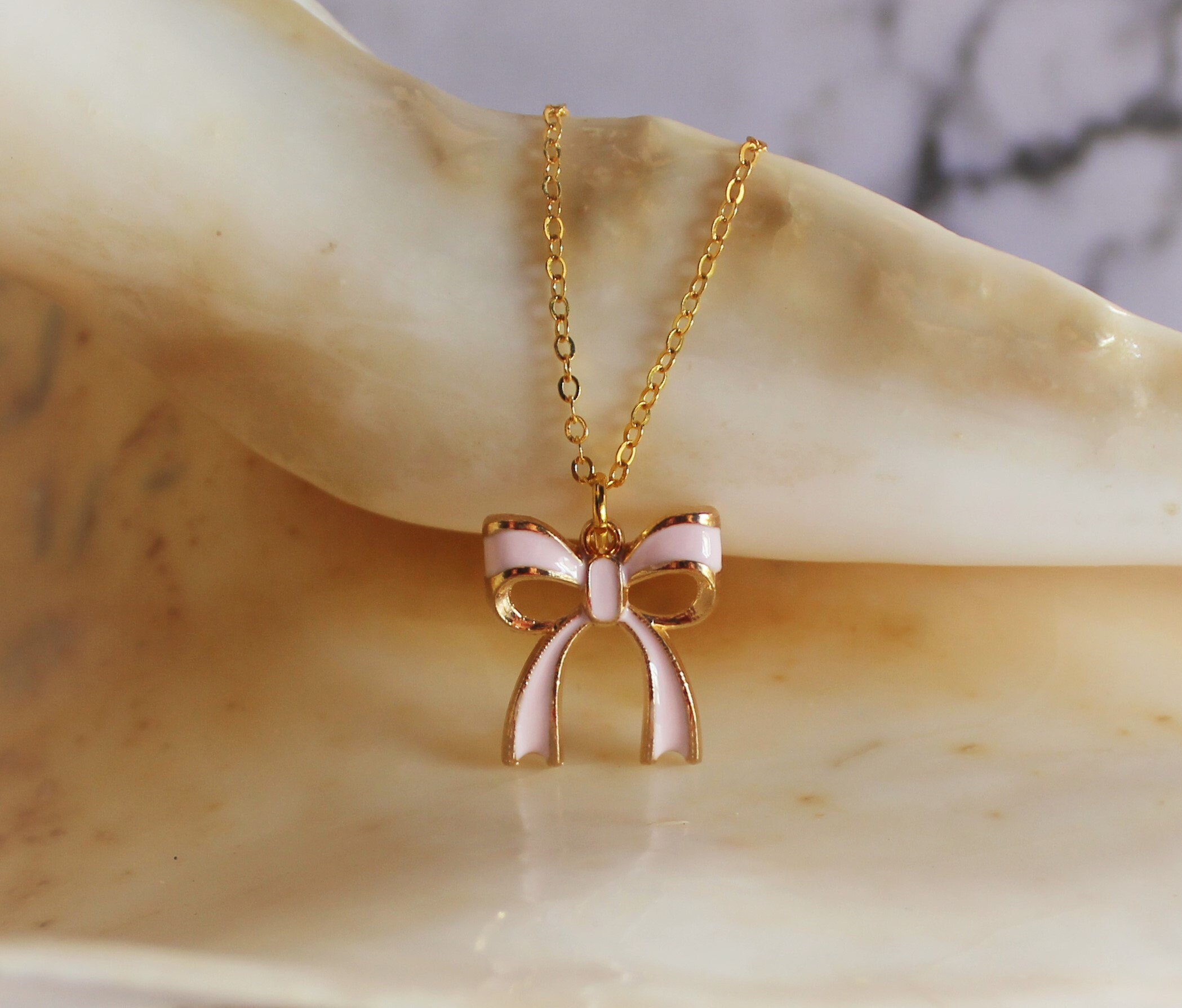 Gold Enamel Fancy Pastel Pink Bow Necklace | Etsy