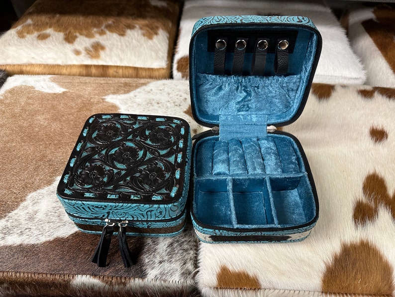 100% Tooled Leather COWHIDE JEWELRY BOX Turquoise Jewelry - Etsy