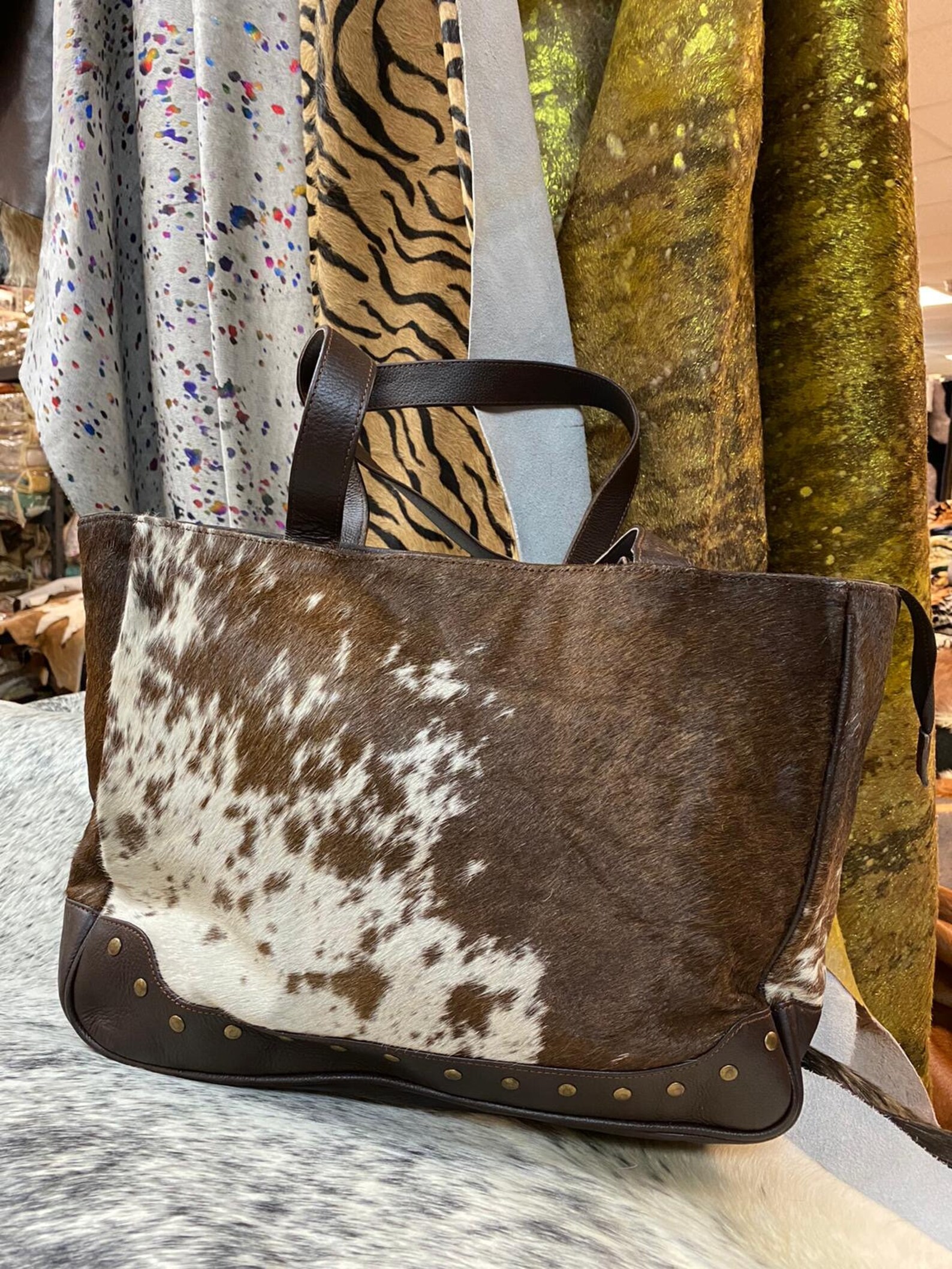 100% Cowhide Leather Shoulder Out Going Tote Bag With Studs | Etsy