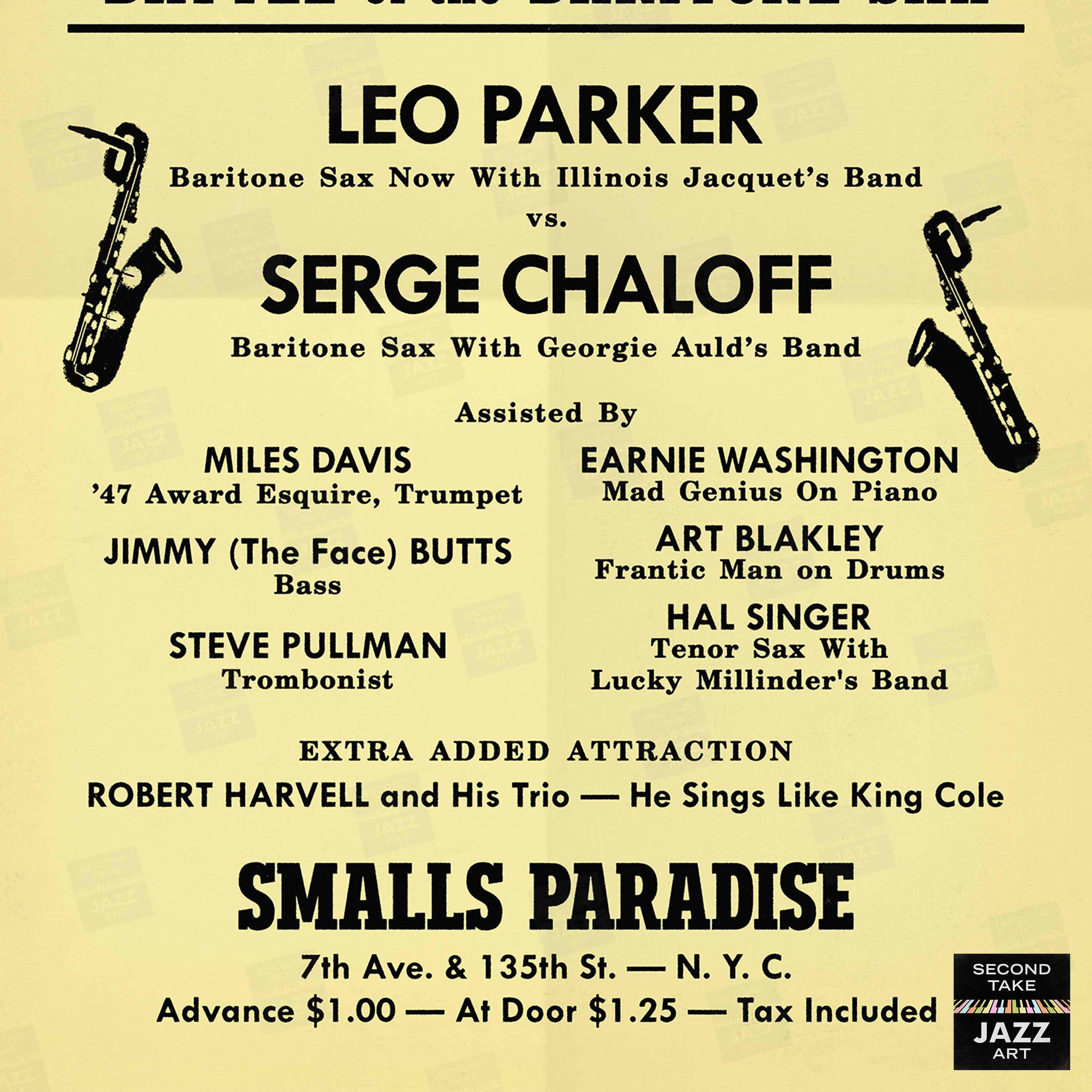 Leo Parker - Serge Chaloff Jazz Poster - Smalls Paradise - 1947 - Etsy