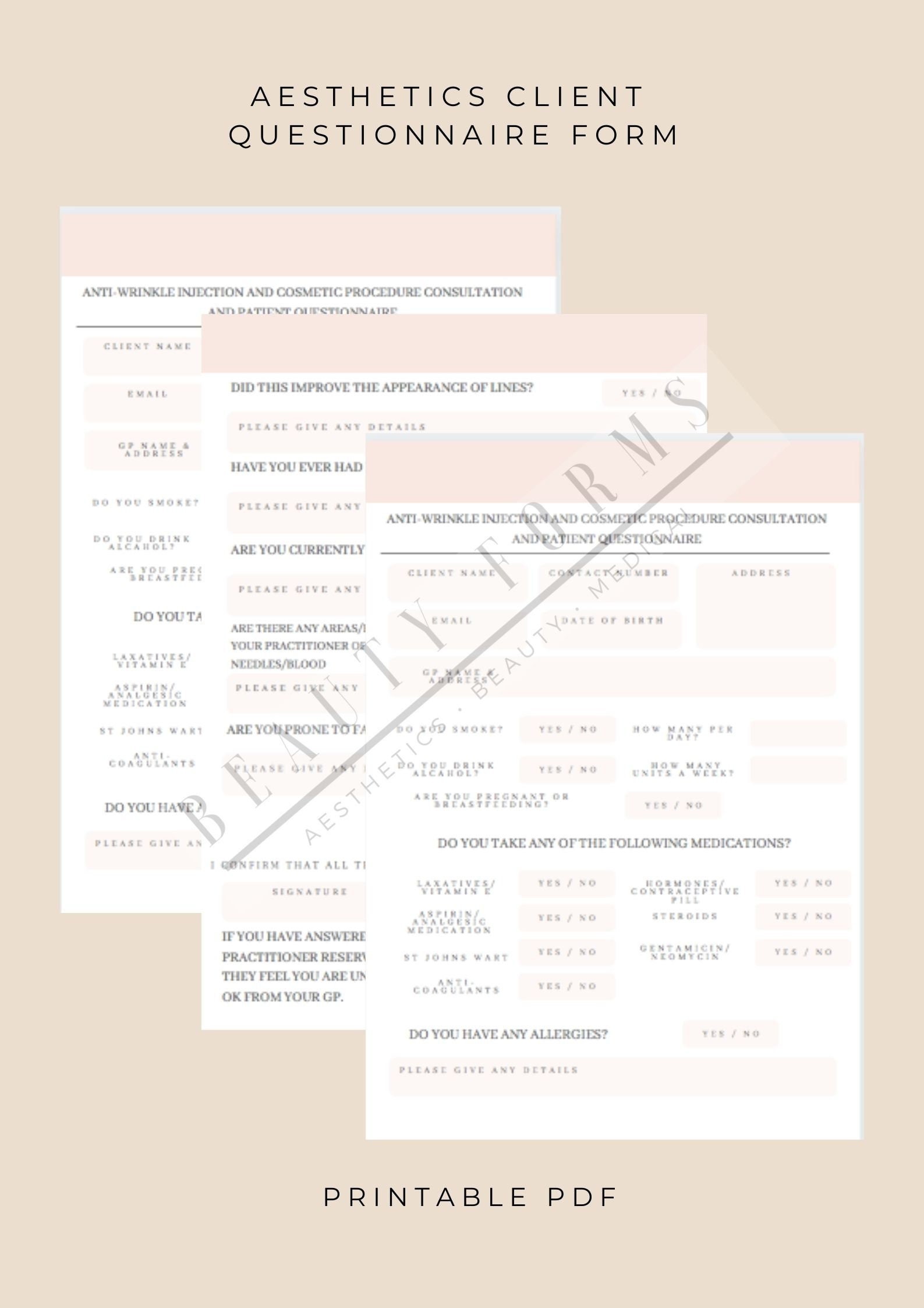 Aesthetics Client Questionnaire Form - Download & Print - Client Record ...