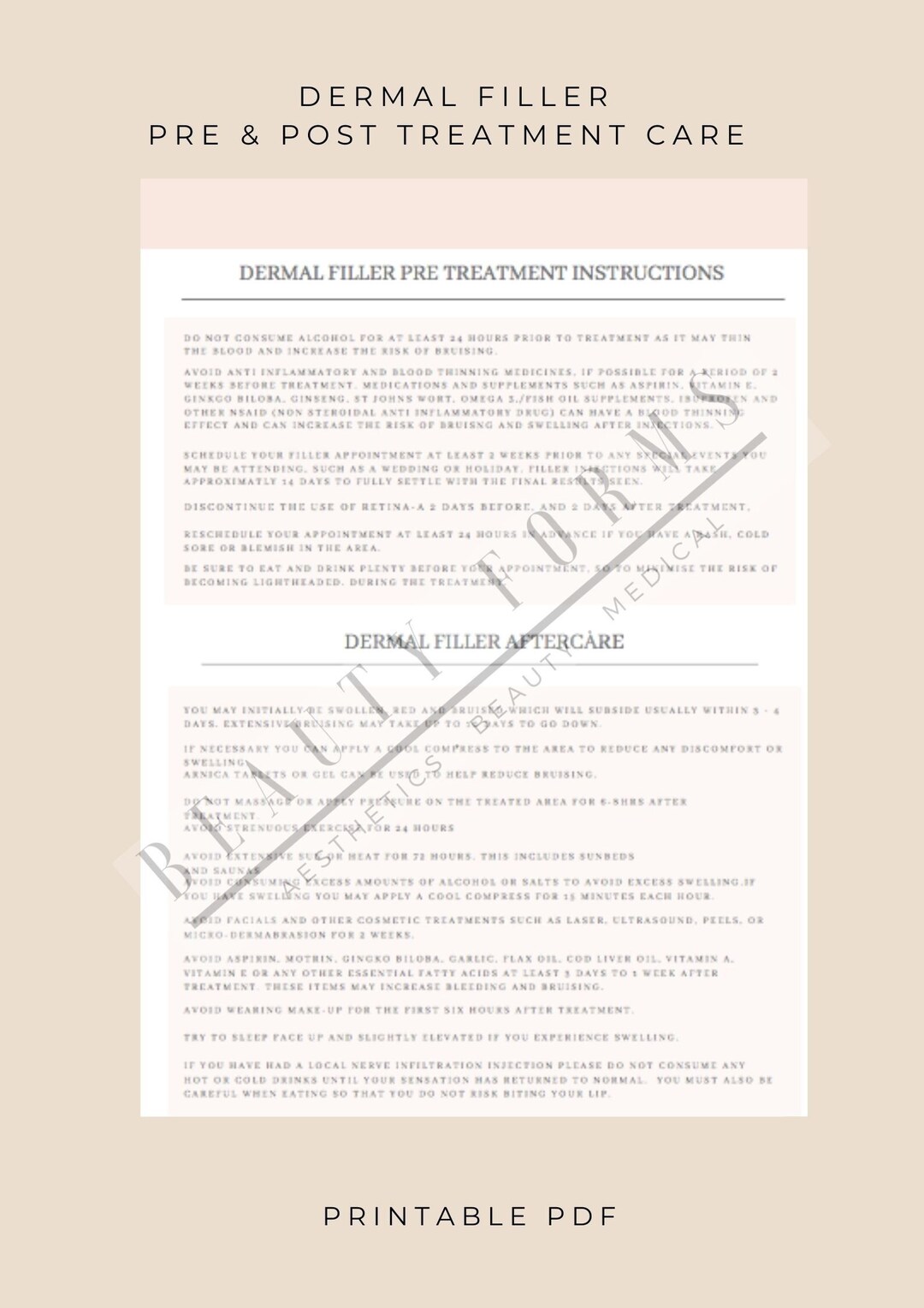 Dermal Fillers Aftercare / Pre Treatment Instructions Download & Print ...
