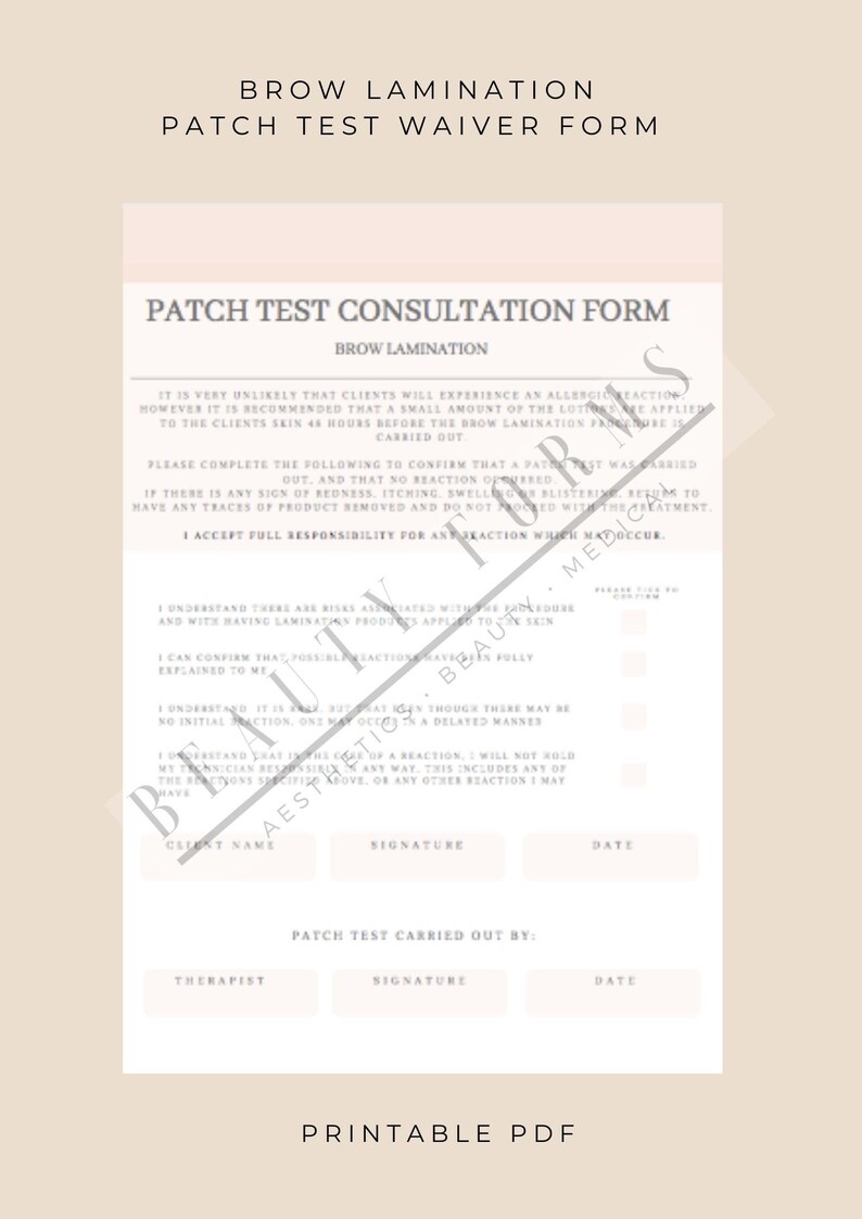 Brow Lamination Patch Test Waiver Form - Download & Print - Client ...