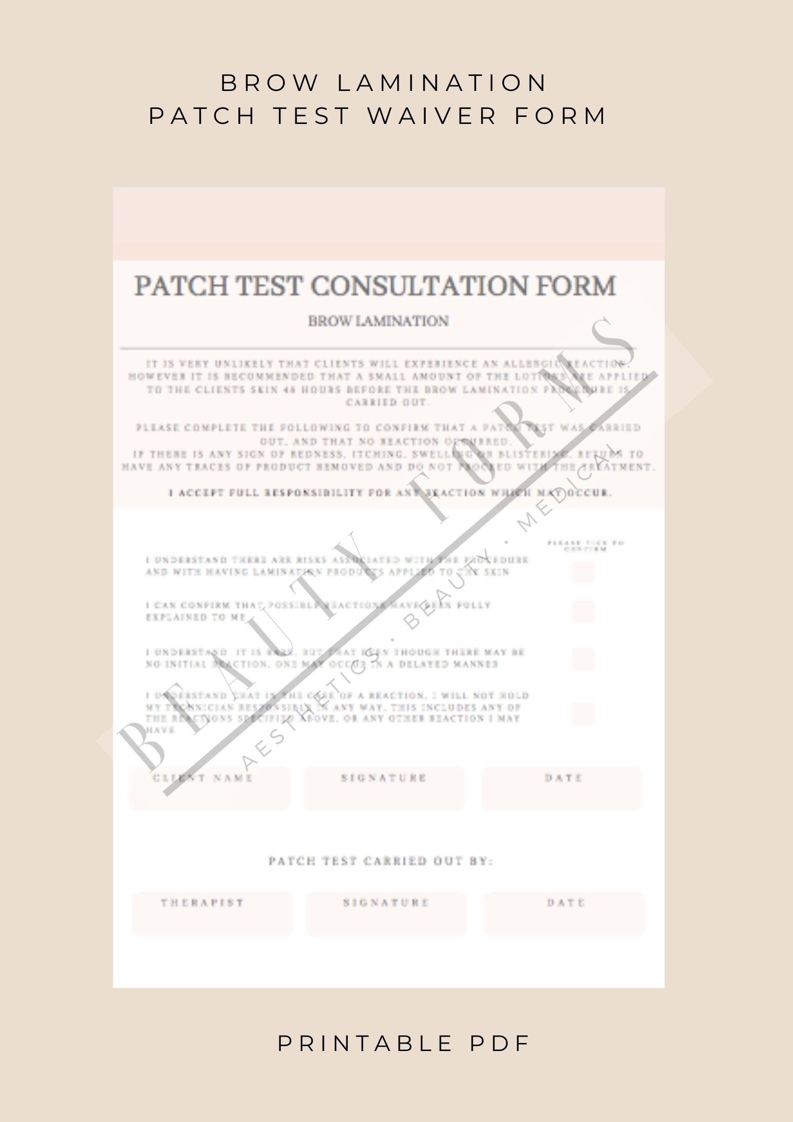 Brow Lamination Patch Test Waiver Form - Download & Print - Client ...
