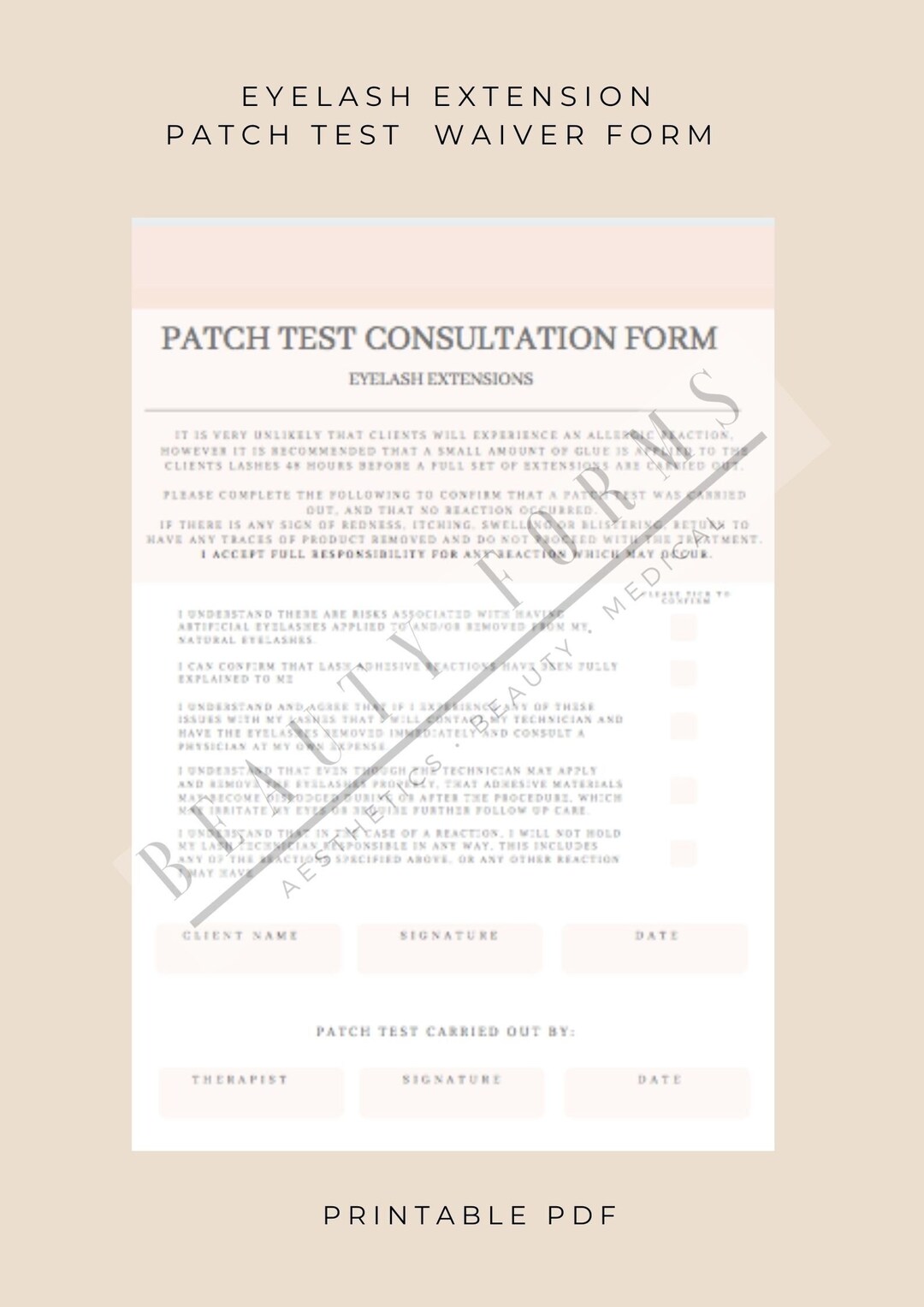 Eyelash Extension Patch Test Waiver Form - Download & Print - Client ...