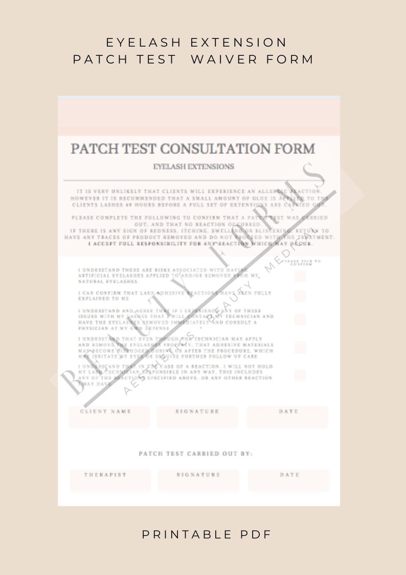 Eyelash Extension Patch Test Waiver Form Download & Print - Etsy